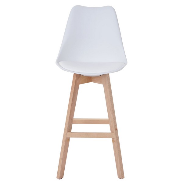 Barstole - 2 stk hvide barstole med kunstlæder, 4 lyse træben og ryglæn ...