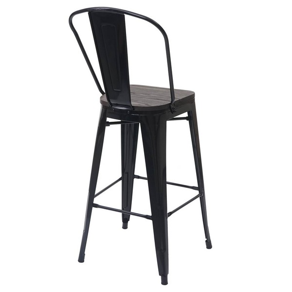 Barstol med træsæde - høj stol i sort stål - industriel design ...